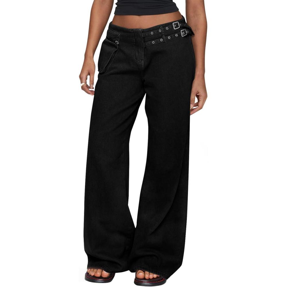 Cicy Bell Womens Wide Leg Jeans with Buckle Detail Casual Mid Rise ...