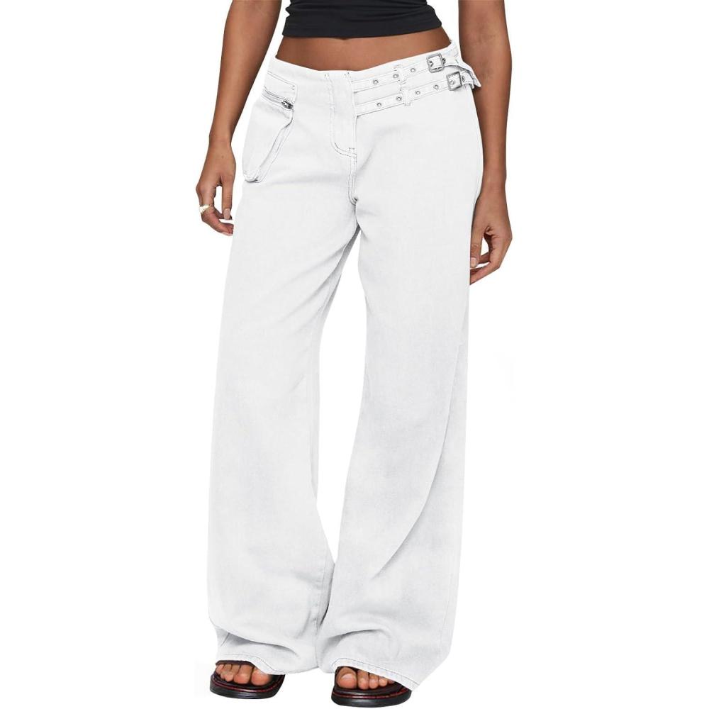 Cicy Bell Womens Wide Leg Jeans with Buckle Detail Casual Mid Rise ...