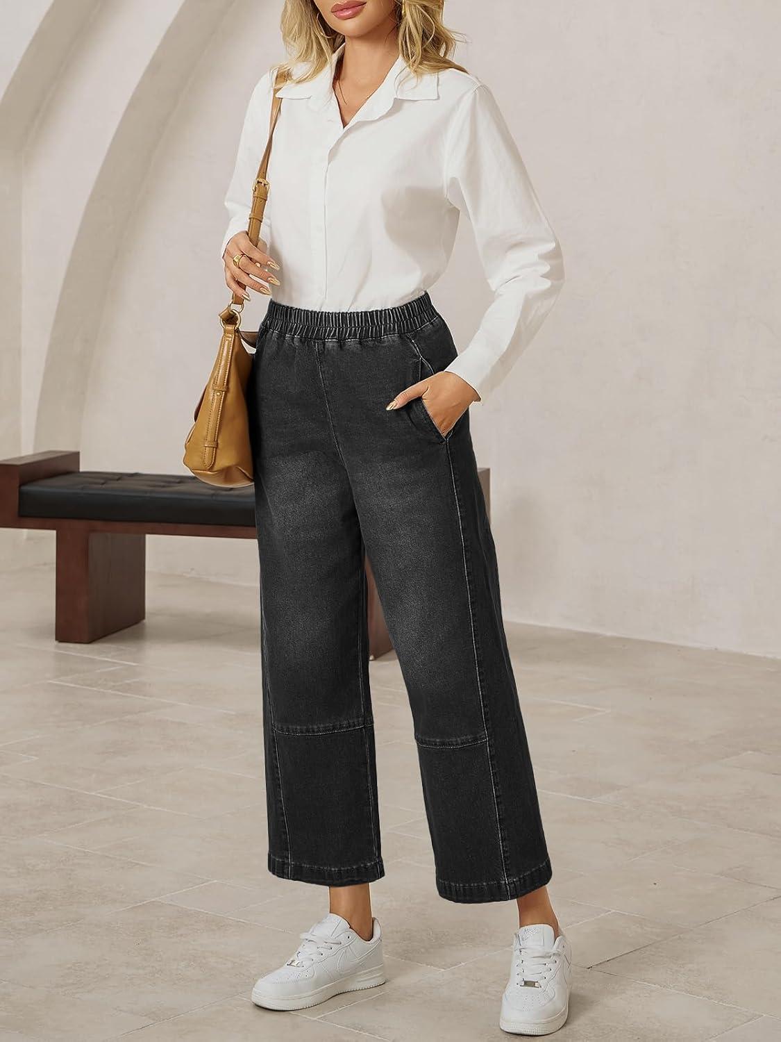 Cicy Bell Womens Baggy Cropped Jeans Elastic High Waisted Wide Leg Trendy Stretchy Seam Barrel ...